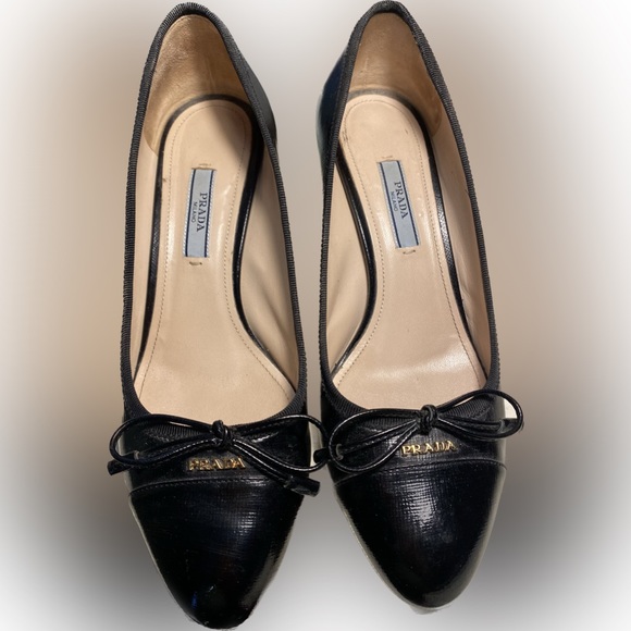 Prada | Shoes | Prada Logo Bow Saffiano Leather Wedge Heel Black Size ...